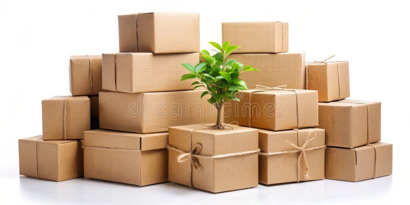 A Green Sprout Grows through a Stack of Cardboard Boxes - a Symbol of ...