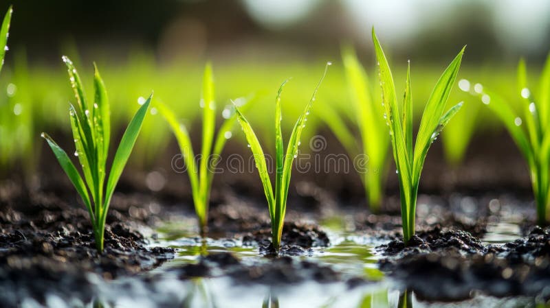 Green Sprouts Emerging from Wet Soil with Water Stream Stock ...