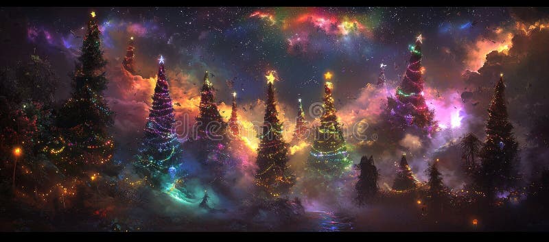 Green Spruce Trees Decorated for Christmas in a Winter Forest. Abstract ...