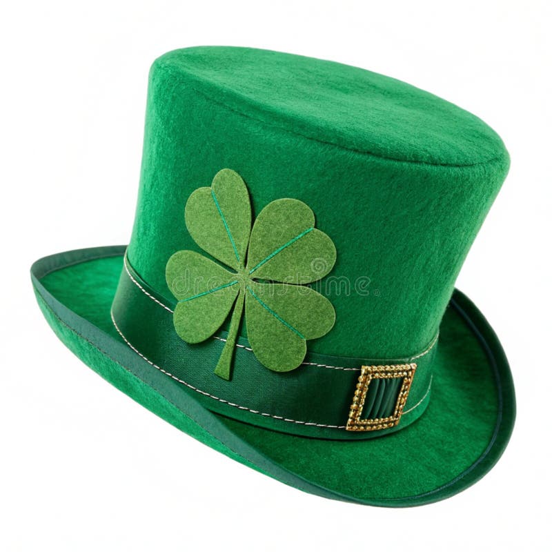 Green St. Patrickâ€™s Day Felt Top Hat with Shamrock Leaf Isolated on ...