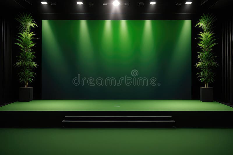 Green Stage Podium Display Scene with Spotlights. Green Background 3D ...