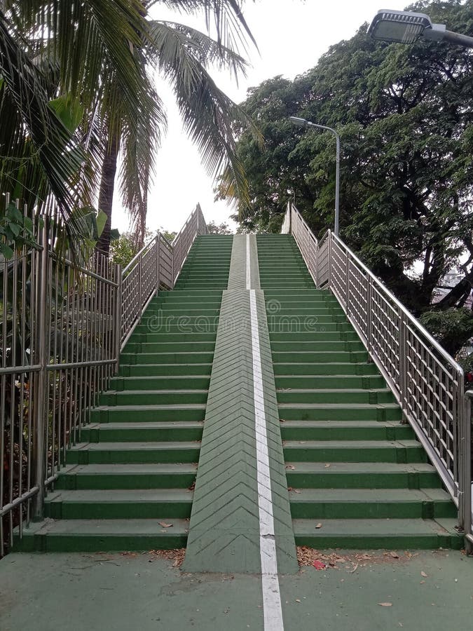 Green Stairs with Cycle Path and Railings Stock Image - Image of cycle ...