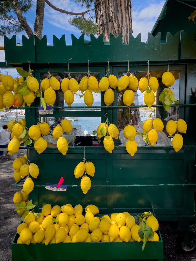 On a Green Stall Hang Some Yellow Lemons Stock Image - Image of drink ...