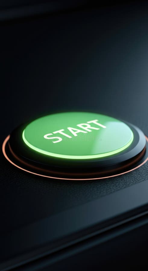 Green Start Button with Illuminated Glow on Dark Surface Close-up Stock ...