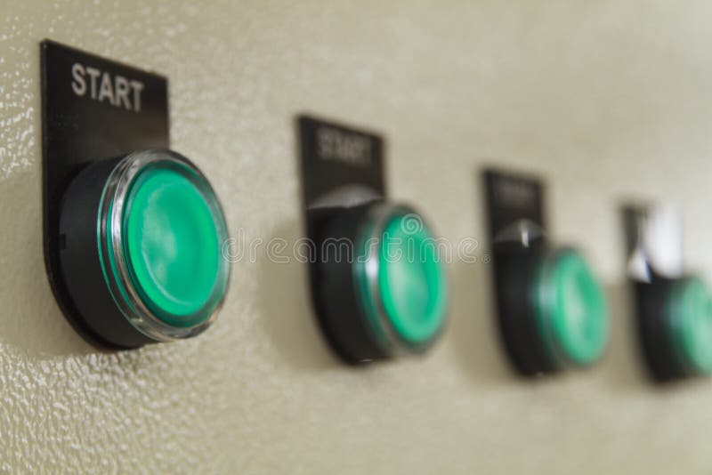 Green Start Buttons on Control Panel Box. Stock Image - Image of focus ...