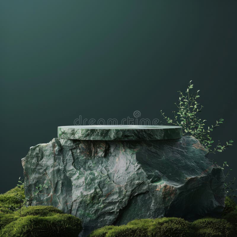 Green Stone Platform on Mossy Boulder with Foliage Stock Illustration ...