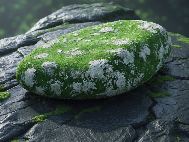 Green Stone with White Lichen and Mossy Texture on a Dark Surface Stock ...