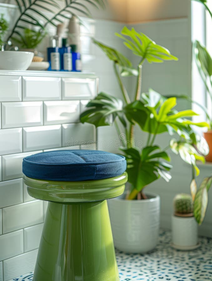 Green Stool Next To Potted Plants in a Modern Bathroom. Stock Image ...