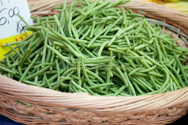 Green String Beans in Woven Basket Close-up Stock Photo - Image of ...