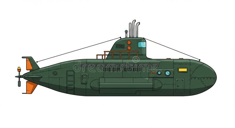 Green Submarine Illustration with a Streamlined Body, Featuring a Round ...