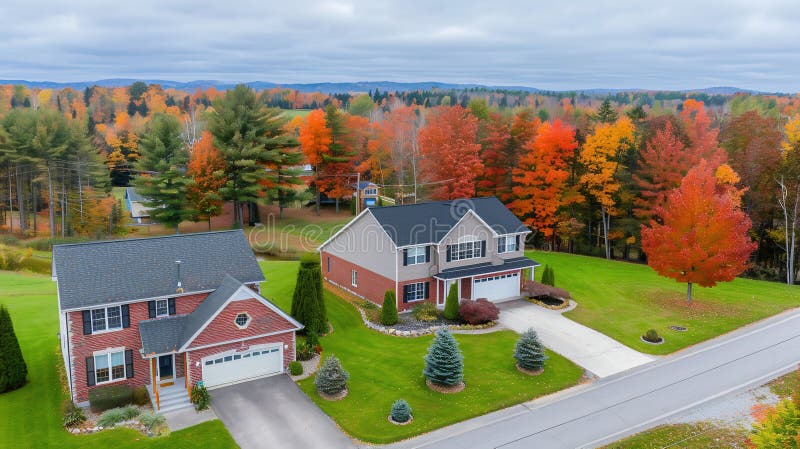 Green Suburban Area with Two Houses with Trees in Background Stock ...