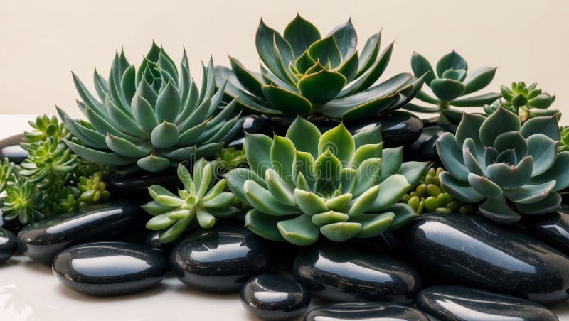 Green Succulent Plants on Smooth Black Stones with Soft Background ...