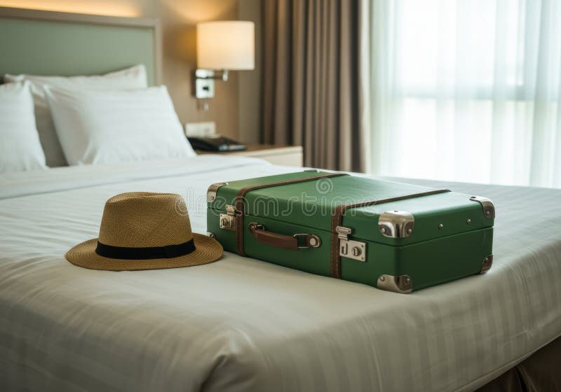 Green Suitcase and Straw Hat on Bed in Cozy Hotel Room with Soft ...
