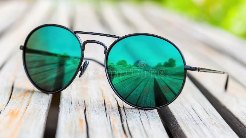 Green Sunglasses Rest on Park Bench, Reflecting Path Stock Image ...