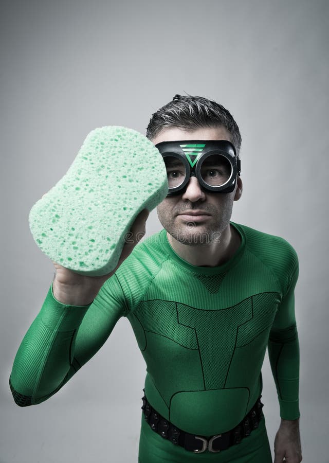 Green Superhero Cleaning with a Sponge Stock Photo - Image of detergent ...