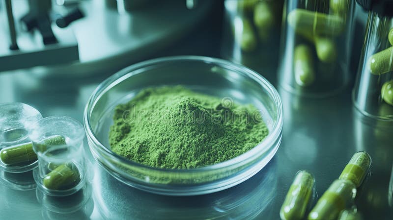 Green Supplement Powder in Glass Dish among Lab Instruments. Stock ...
