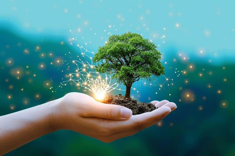 Green Synergy Human Hand Holds a Tree, Symbolizing Ecology and ...