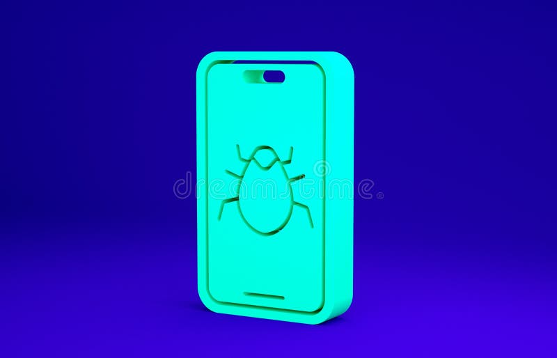 Green System Bug on Mobile Icon Isolated on Blue Background. Code Bug ...