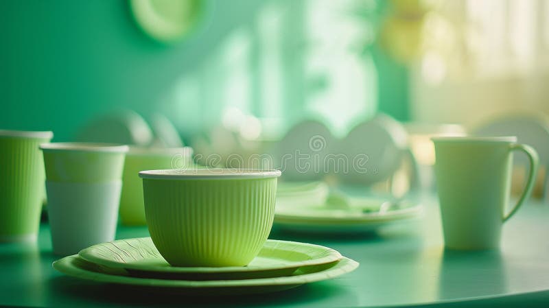 A Green Table with a Green Plate and Cups. Generative AI Stock ...