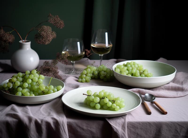 Green Table Setting with Grapes and Dishes , Concept of Table Decor ...