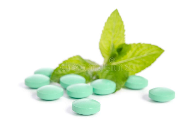 Green Tablets with Leaves of Mint Isolated on White Background Stock ...