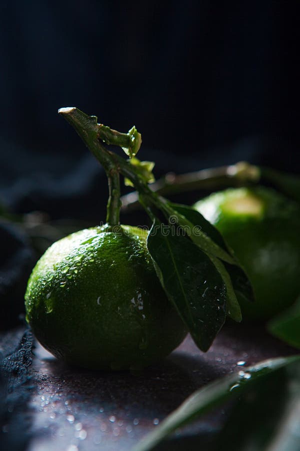 Green Tangerines on a Dark Marble Tabletop, Close-up, Unripe Tangerines ...