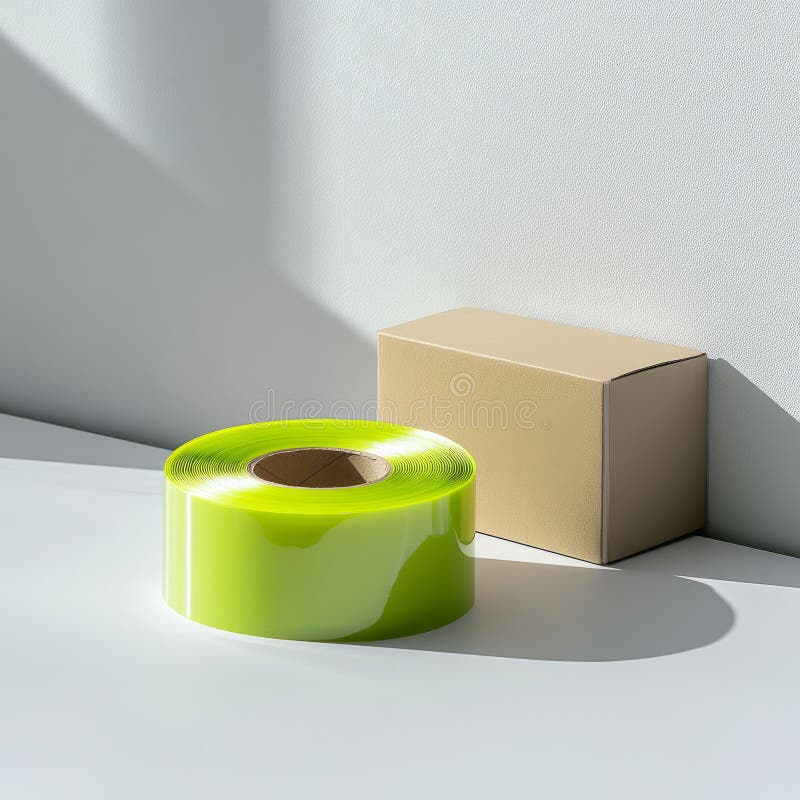 Green Tape Roll and Cardboard Box in Bright Minimalist Setting. Stock ...