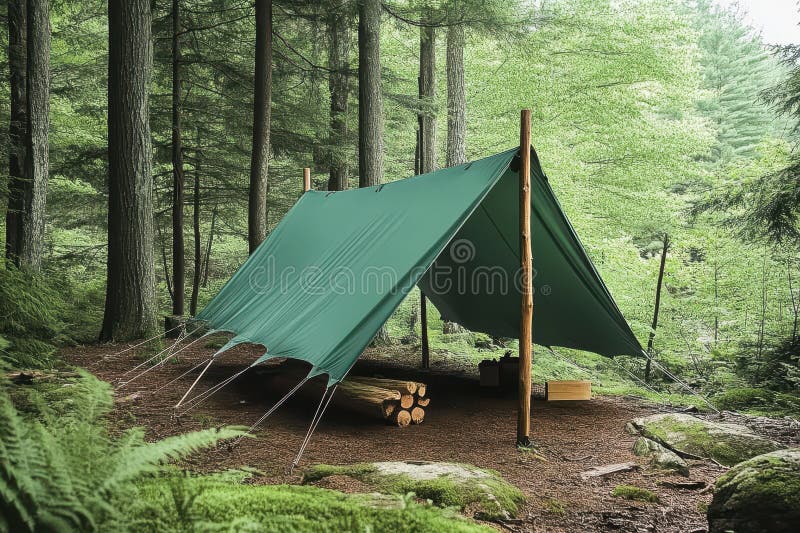 Green Tarp Shelter Set Up in a Dense Forest Stock Illustration ...