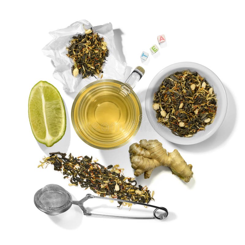 Green Tea with Aromatic Additives and Accessories. Top View on White ...