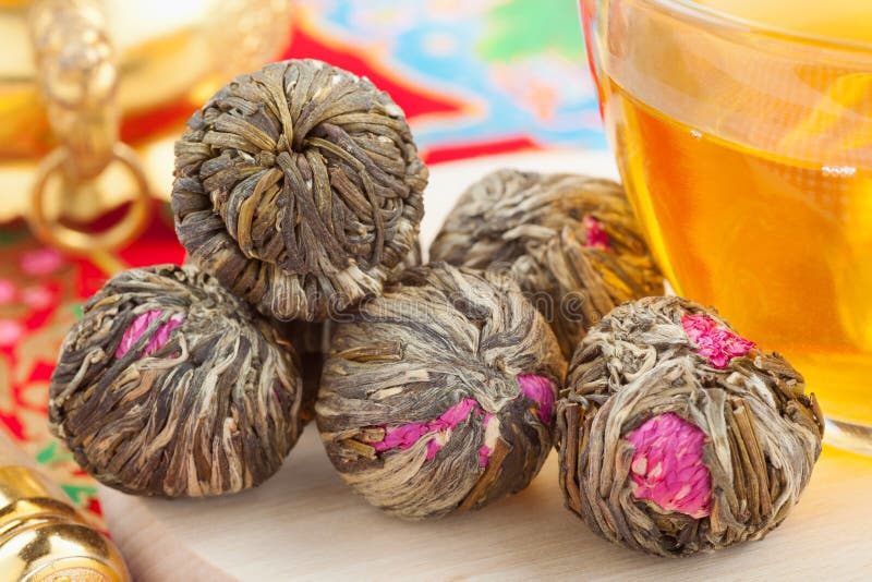 Green Tea Balls with Flowers, Tea Cup Stock Photo - Image of ingredient ...