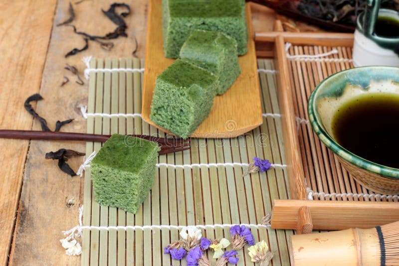 Green Tea Cake Japanese Dessert and Green Tea Stock Image - Image of ...