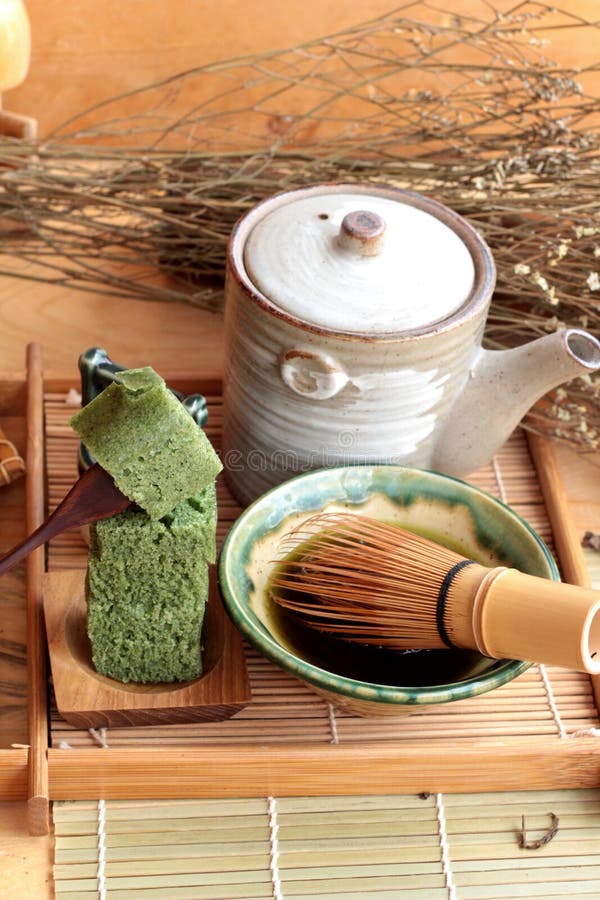 Green Tea Cake Japanese Dessert and Green Tea Stock Image - Image of ...