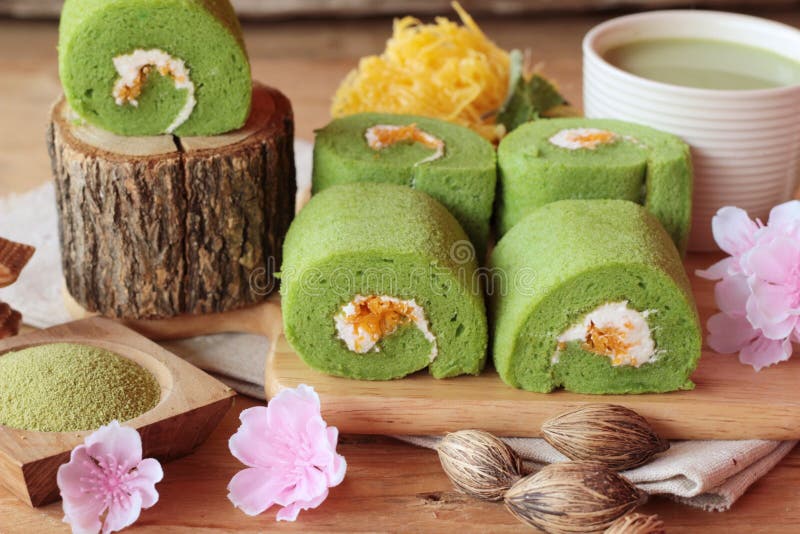 Green Tea Cake Roll and Matcha Green Tea. Stock Photo - Image of ...
