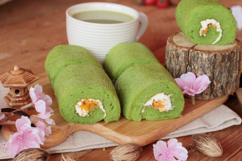Green Tea Cake Roll and Matcha Green Tea. Stock Photo - Image of matcha ...