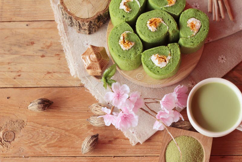 Green Tea Cake Roll and Matcha Green Tea. Stock Photo - Image of ...