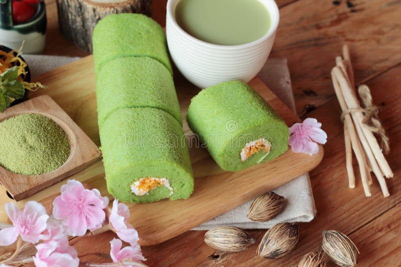 Green Tea Cake Roll and Matcha Green Tea. Stock Image - Image of asian ...