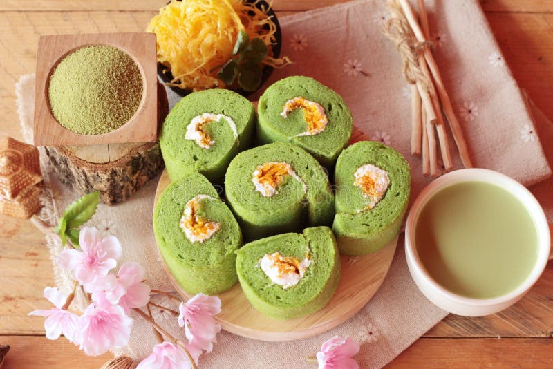 Green Tea Cake Roll and Matcha Green Tea. Stock Image - Image of sweet ...