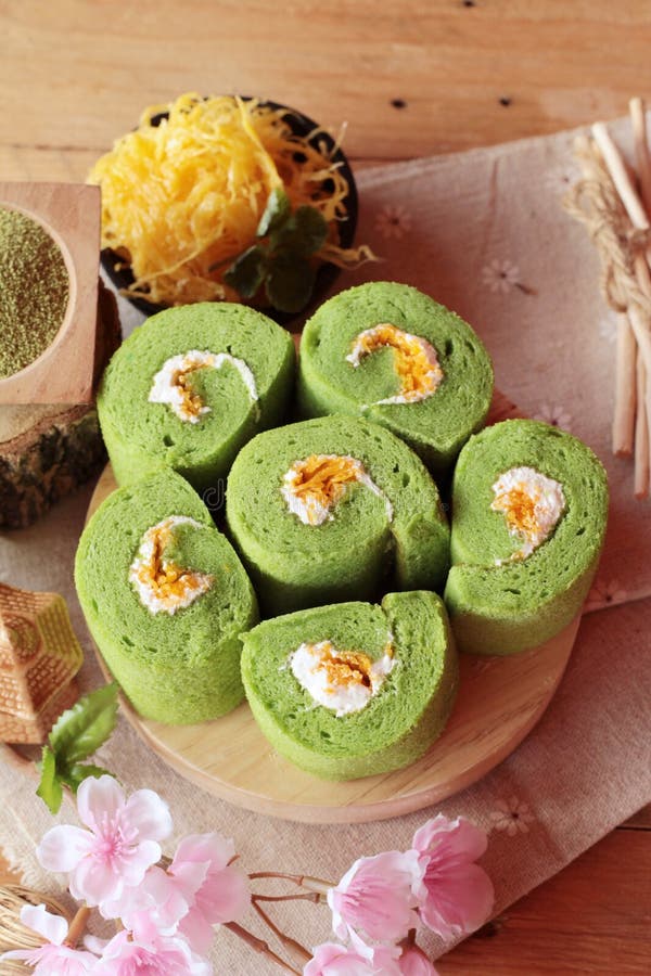 Green Tea Cake Roll and Matcha Green Tea. Stock Image - Image of ...