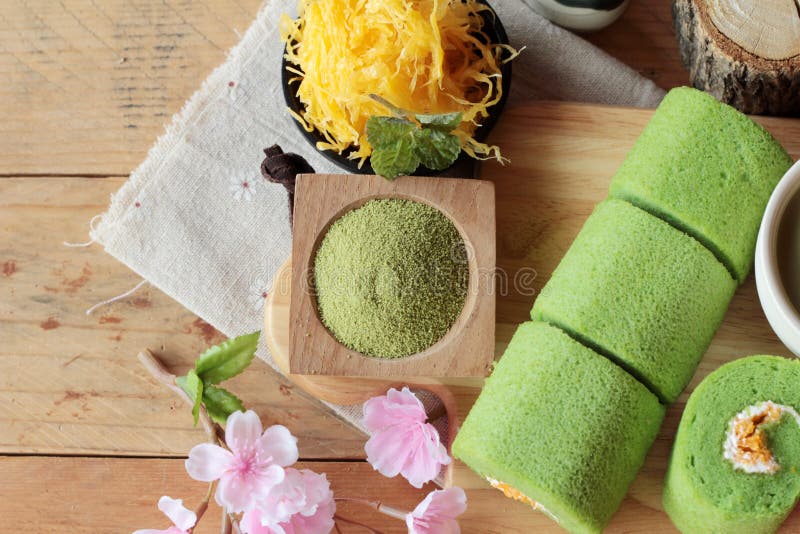 Green Tea Cake Roll and Matcha Green Tea. Stock Photo - Image of green ...