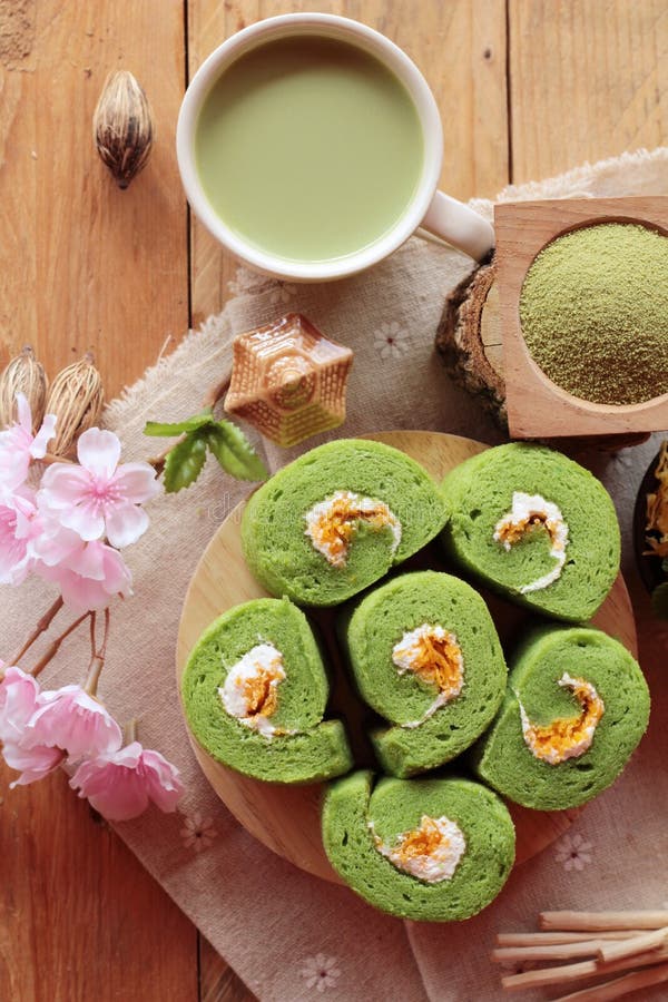 Green Tea Cake Roll and Matcha Green Tea. Stock Image - Image of ...