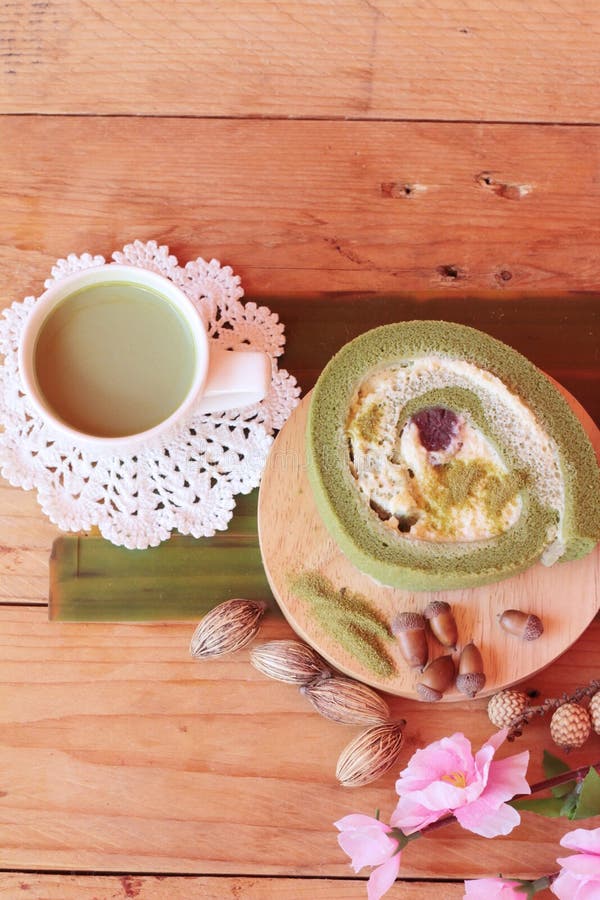 Green Tea Cake Roll and Matcha Green Tea. Stock Image - Image of ...