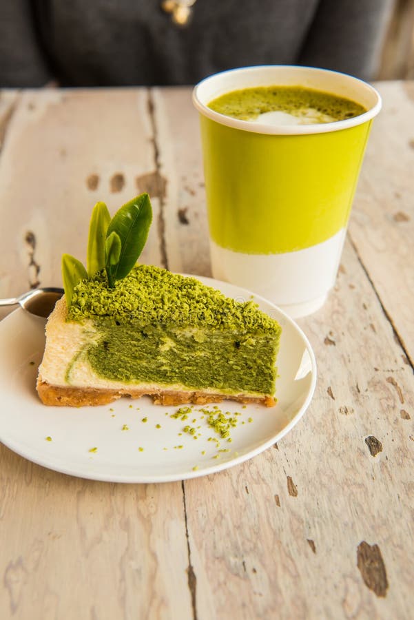 Green Tea Cheesecake with Hot Milk Green Tea Stock Photo - Image of ...