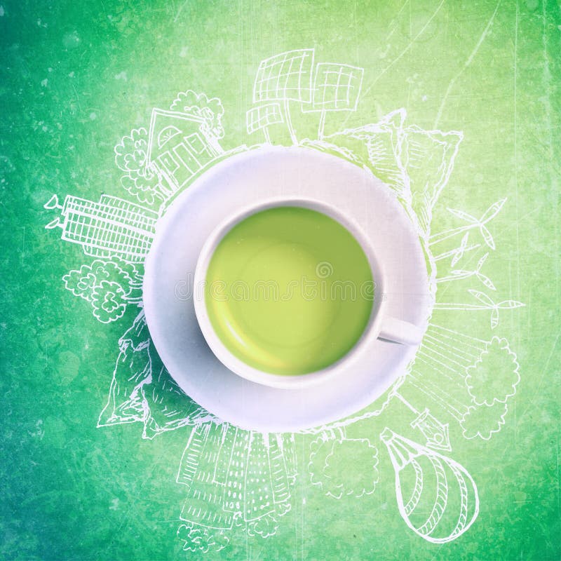 Green Tea with Circle Ecology Doodles. Sketched Eco Elements with Cup ...