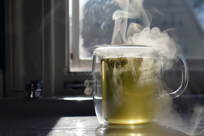 Green Tea in a Clear Mug, Steam Mixing with Bathroom Mist Stock Photo ...