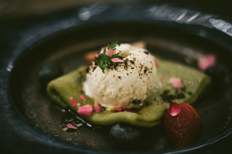 Green Tea Crepes with Vanilla Ice Cream Stock Image - Image of cake ...