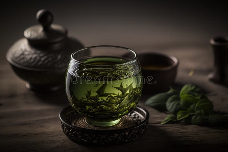 Green Tea in a Cup and Leaves on the Table. Glass Mug. Stock ...