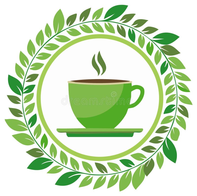 Green Tea Cup with Steam on a Saucer Inside a Leafy Decorative Circular Frame, Vector ...