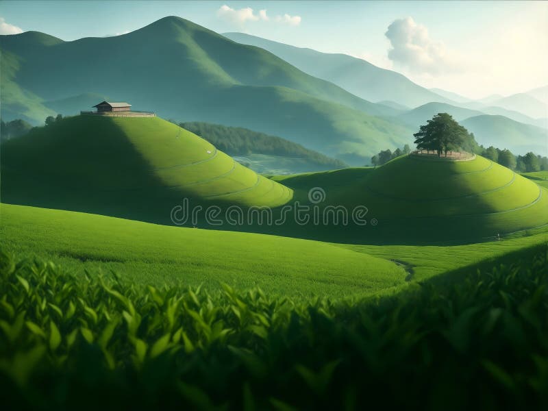Green Tea Field on Mountain, Generative AI Illustration Stock ...