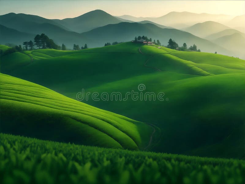 Green Tea Field on Mountain, Generative AI Illustration Stock ...