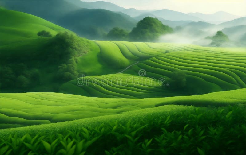 Green Tea Field on Mountain, Generative AI Illustration Stock ...